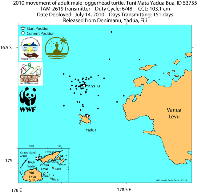 Latest map of 151 days transmission of the first three loggerhead ...